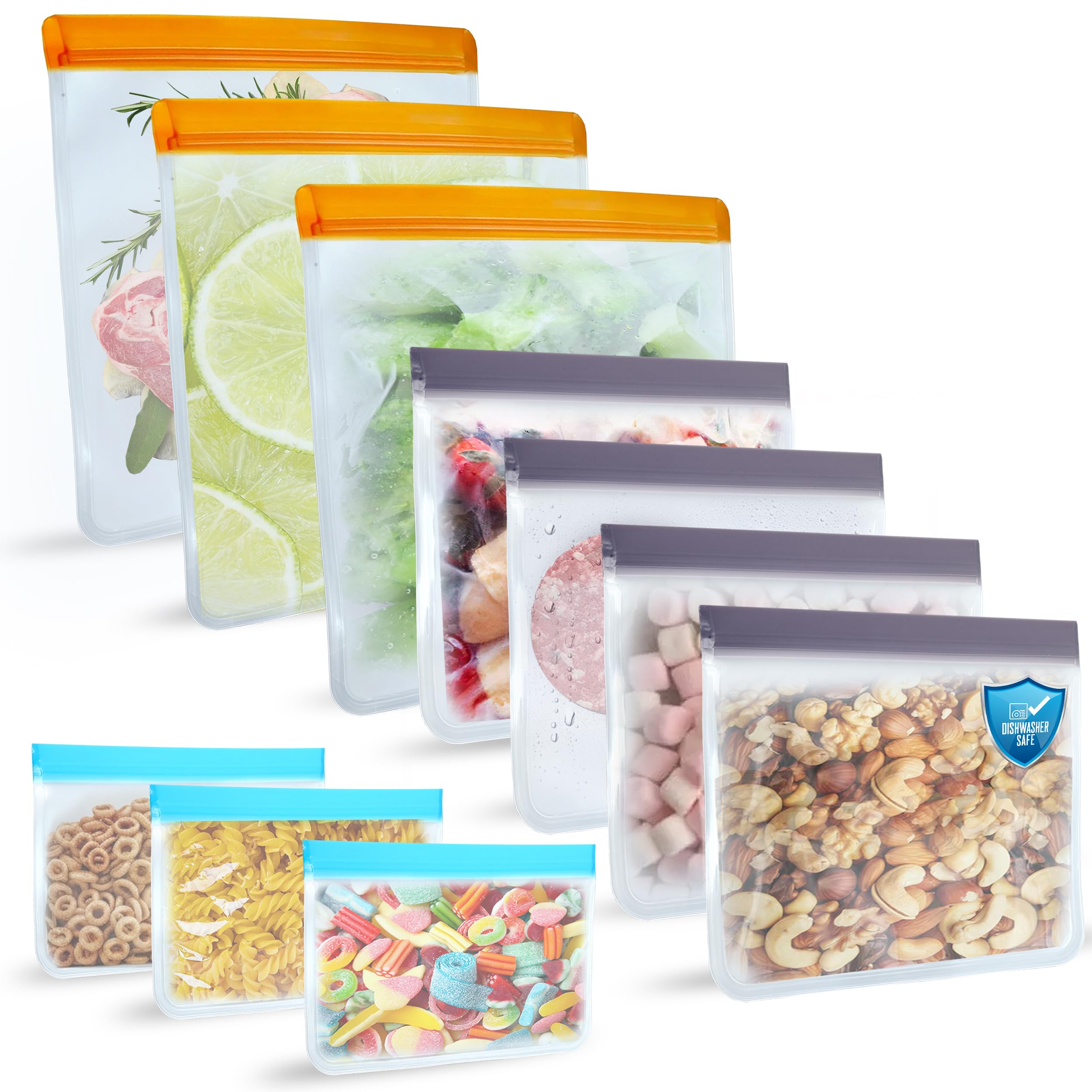 10 Pack Dishwasher Safe Reusable Silicone Food Storage Bags Leak Proof Ziplock Freezer Bags for Food Storage Home Organization Travel Makeup BPA Free for Fruit 3 Gallon 4 Sandwich 3 Snack