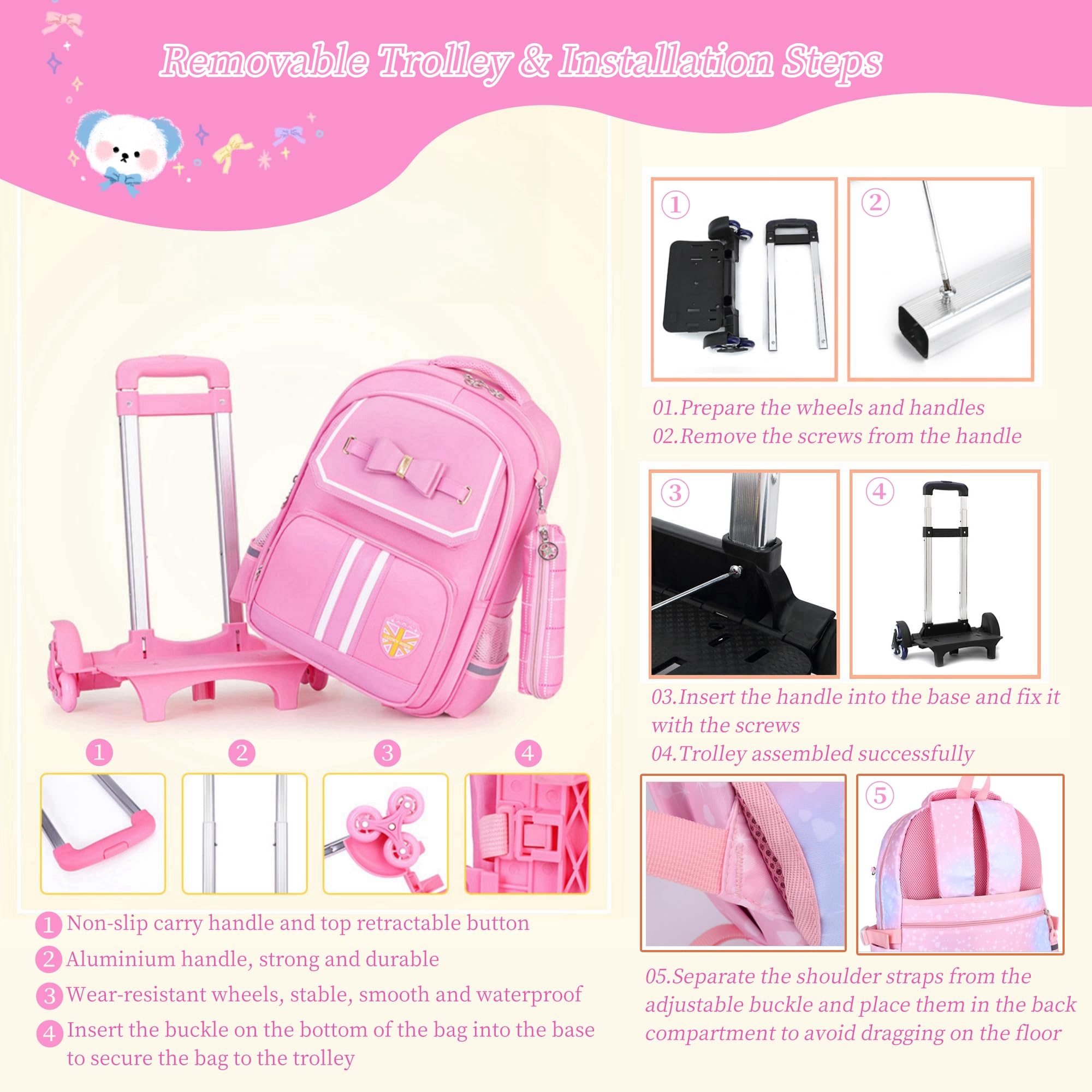 3Pcs Rolling Backpack for Girls Cute Bowknot Students Bookbags Primary Schoolbag Trolley Bags Wheeled Backpack Kids Carry-On Luggage with Lunch Bag&Pencil Case