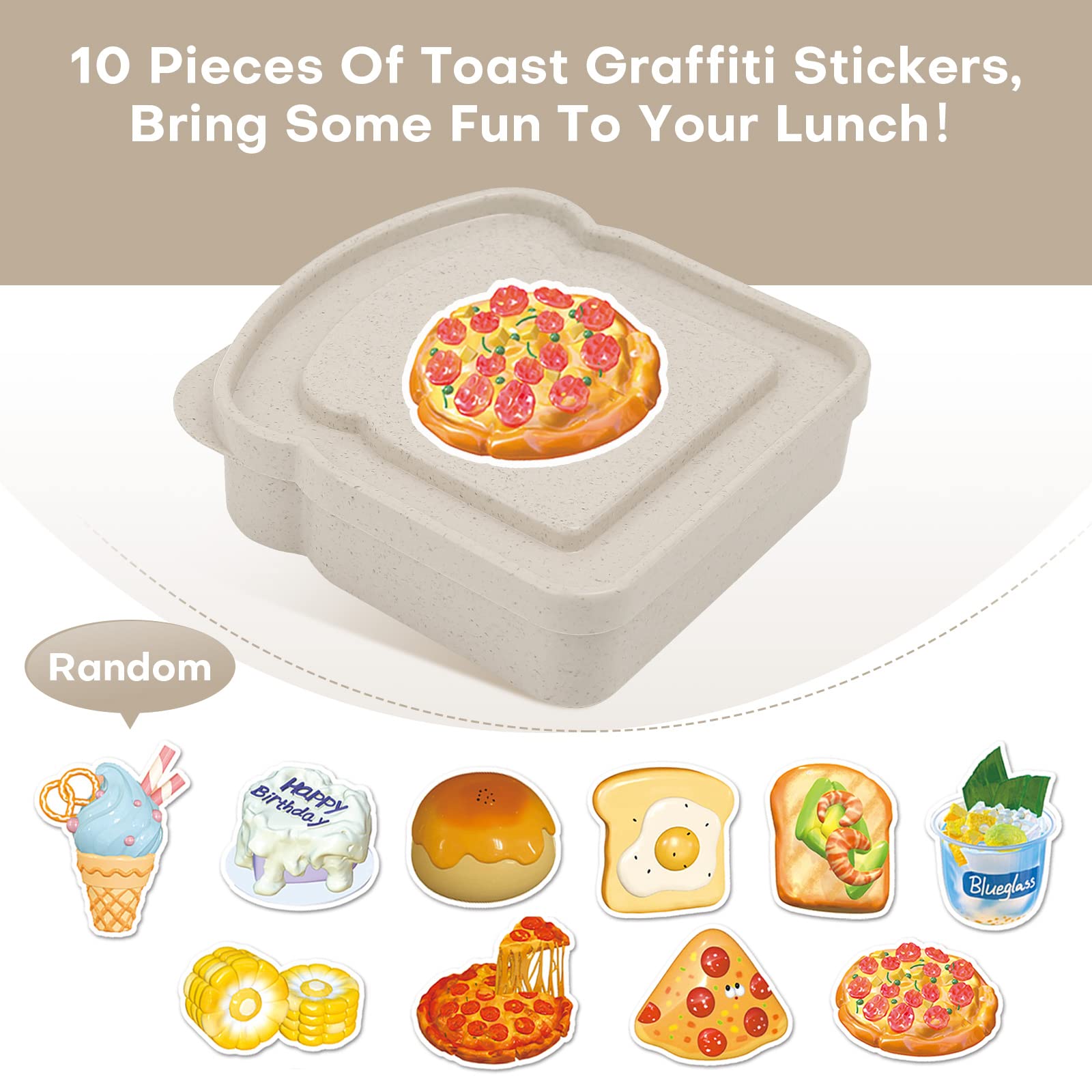 ATAMOW Sandwich Containers, 4 Pcs Sandwich Containers for Lunch Boxes with 10 Sheets Food Graffiti Stickers, Sandwich Box with Lid, BPA Free, Microwave & Dishwasher Safe(Beige