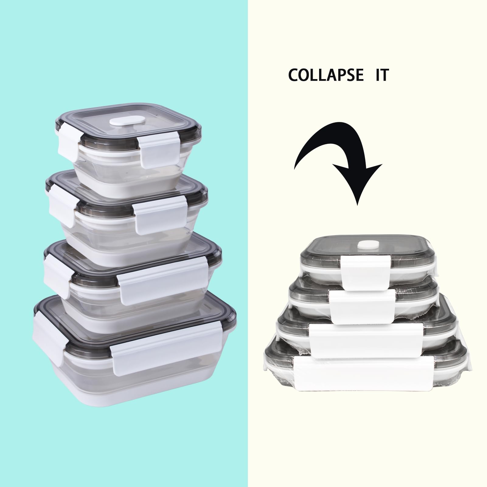 CAMPWOLF Collapsible Food Storage Containers with Lid,Set of 4,Microwave Freezer Dishwasher Safe,BPA Free, Leakproof (Rectangular)