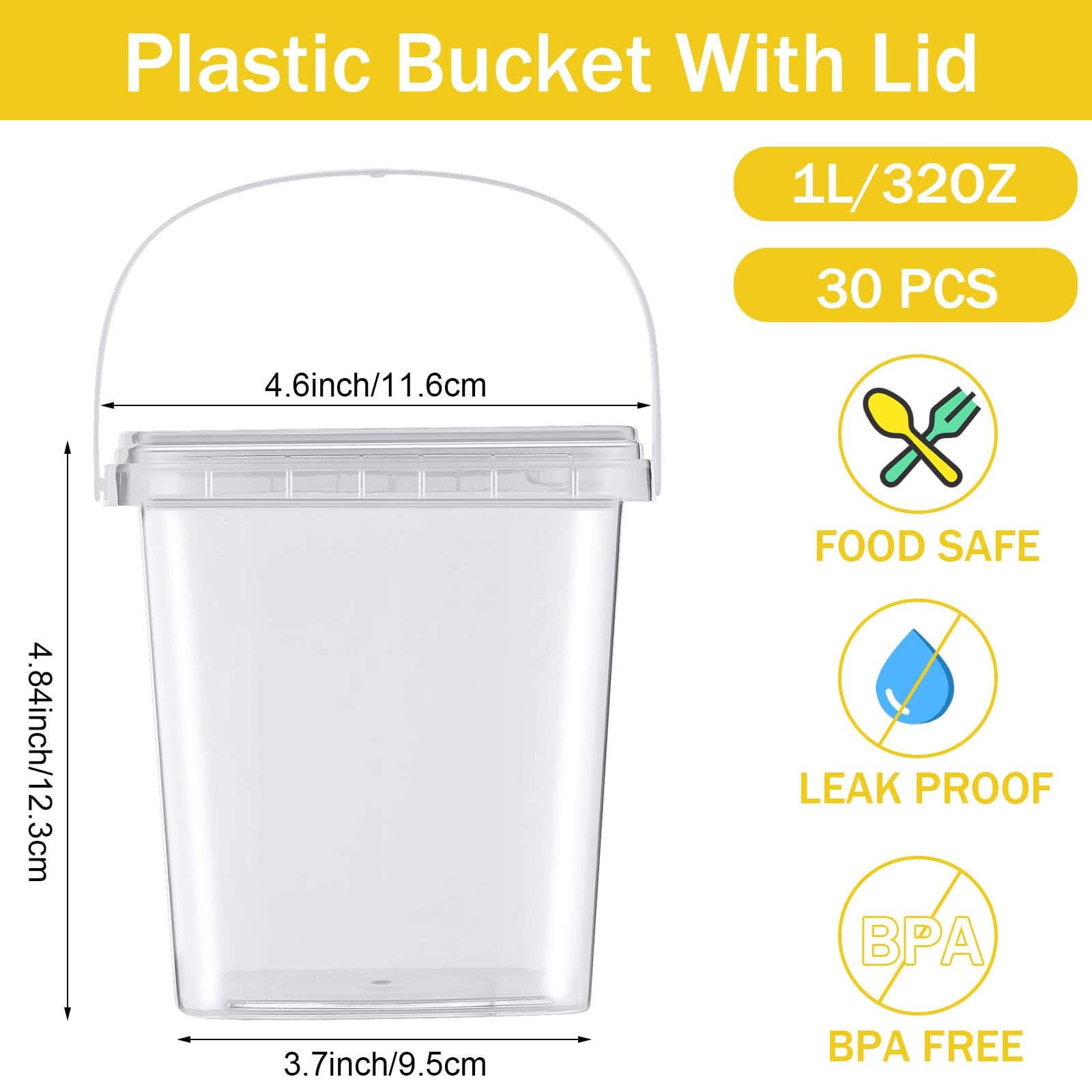 Huwena 30 Pcs 32 oz Deli Containers with Lids and Handles Square Plastic Food Storage Containers Clear Space Saver Restaurant Stackable Containers for Meal Food Prep Kitchen Party Supplies
