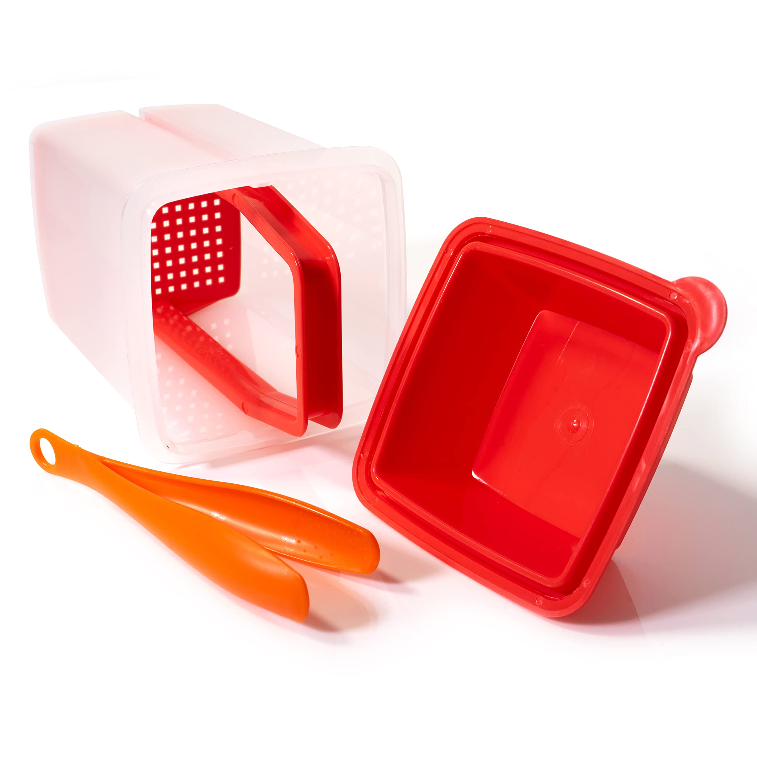 BloxBerry Pickle Jar with Strainer Insert - Plastic Leak Proof Food Saver Container - For Fresh Fruit or Pickled Vegetables - Complete with Tongs