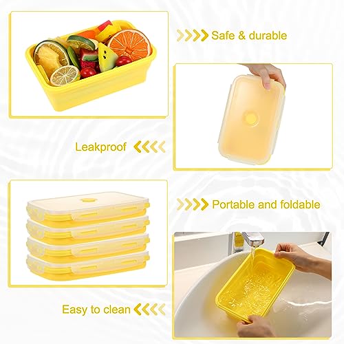 Mifoci 12 Pcs Collapsible Food Container 41 oz Silicone Containers Square Collapsible Bowls with Lids RV Lunch Prep Food Storage Collapsible Bowl for Camping Microwave Freezer Dishwasher Safe (Yellow)