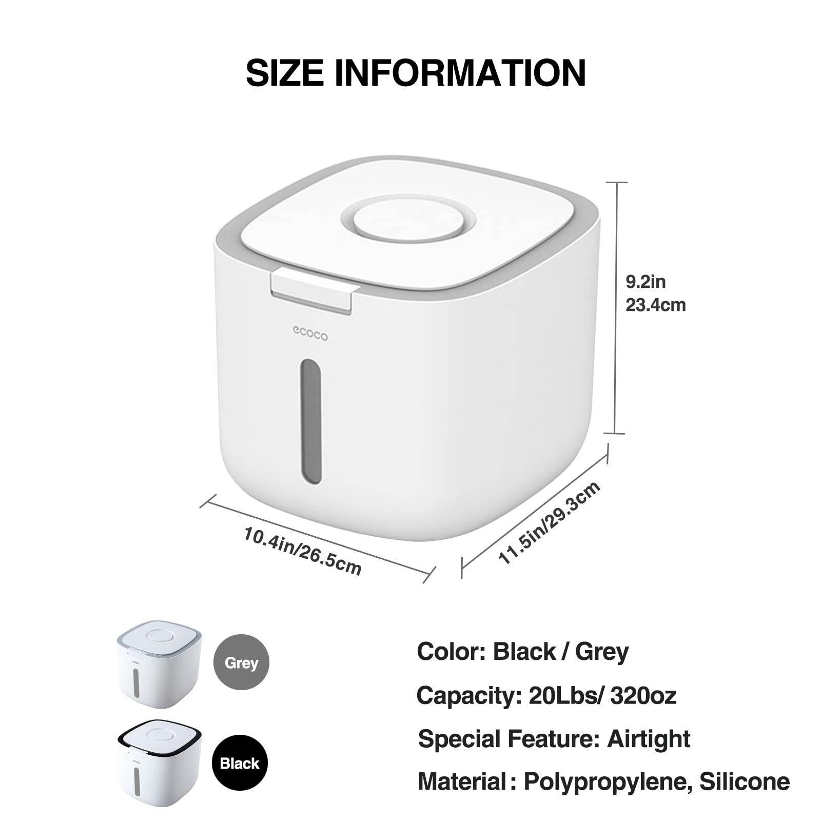 Benshukam Rice Storage Container, Food Container, Dry Food Storage, Pet Food Dispenser, 20 Lbs/ 320oz Large Storage Bin with Lid, for Grain Cereal Soybean Corn, Cat Food, Coffee, Flour (Grey)