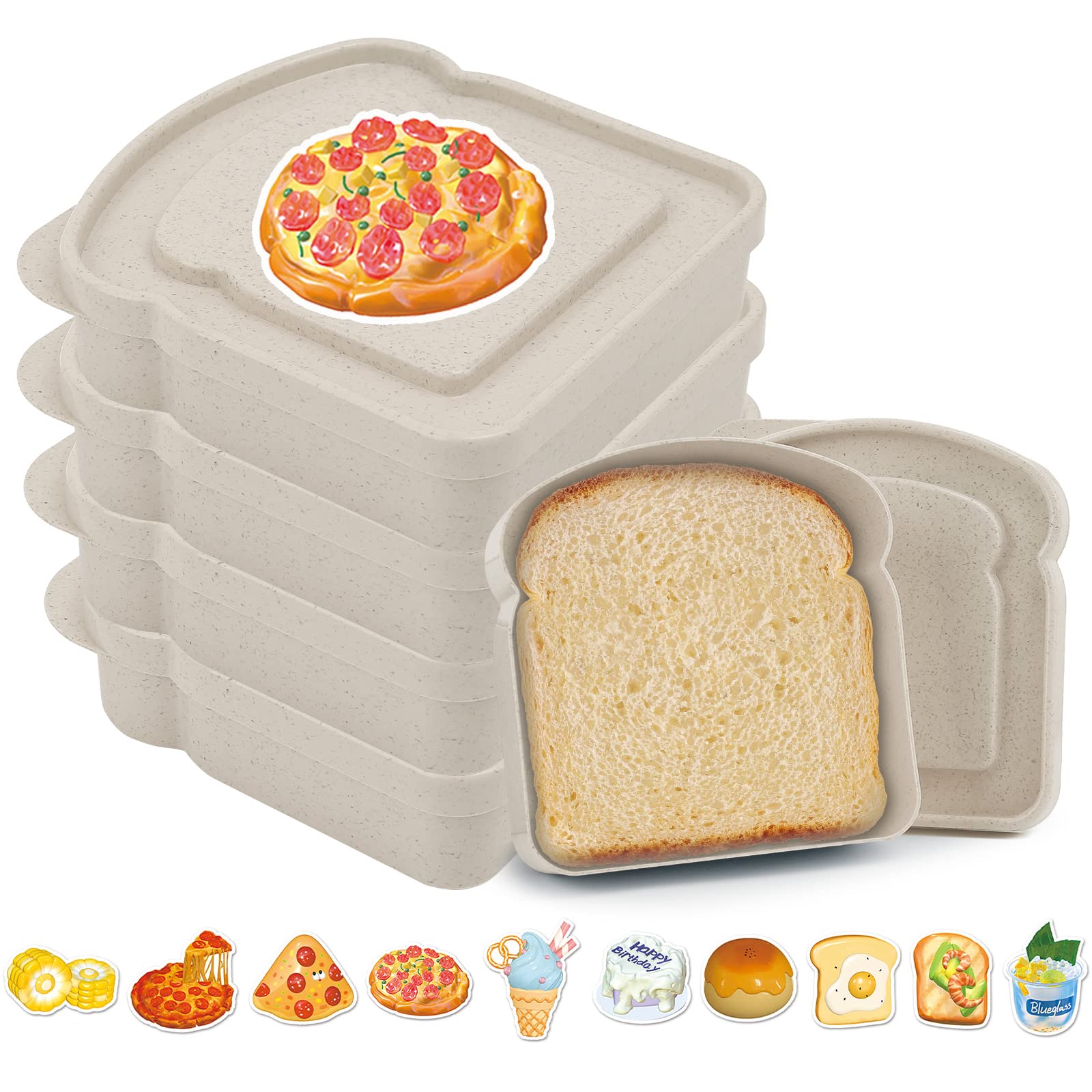 ATAMOW Sandwich Containers, 4 Pcs Sandwich Containers for Lunch Boxes with 10 Sheets Food Graffiti Stickers, Sandwich Box with Lid, BPA Free, Microwave & Dishwasher Safe(Beige