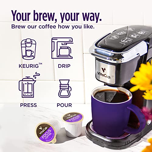 VitaCup Focus Mushroom Coffee Pods, Boost Focus & Immunity w/Lions Mane, Chaga, B Vitamins, D3 for Memory & Clarity, Medium Roast, Recyclable Single Serve Pod Compatible w/Keurig K-Cup Brewers,32 Ct