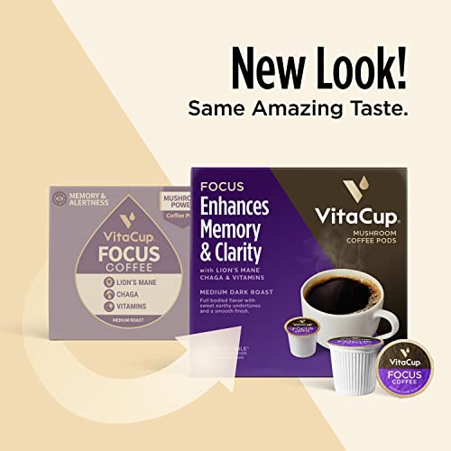 VitaCup Focus Mushroom Coffee Pods, Boost Focus & Immunity w/Lions Mane, Chaga, B Vitamins, D3 for Memory & Clarity, Medium Roast, Recyclable Single Serve Pod Compatible w/Keurig K-Cup Brewers,32 Ct