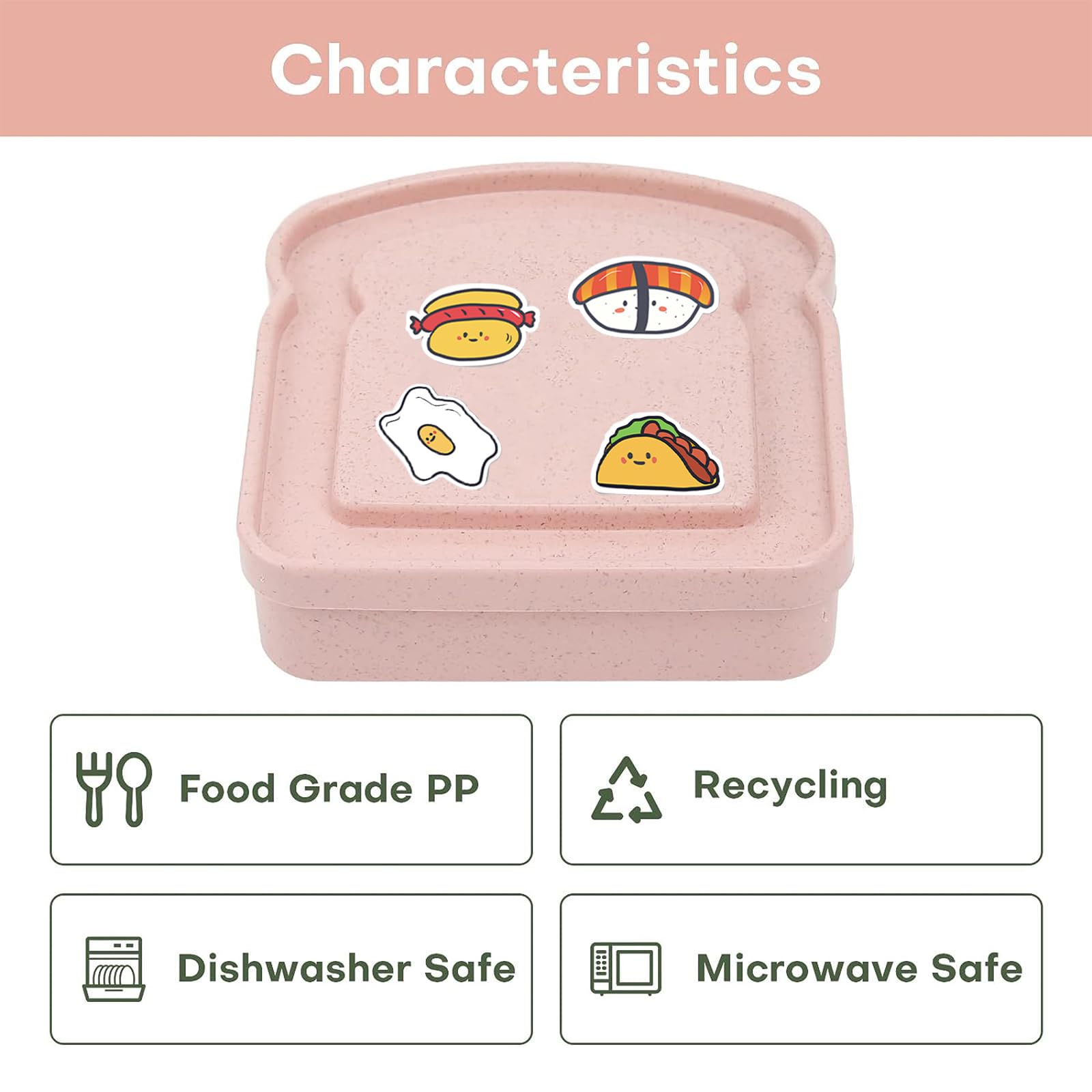 ATAMOW Sandwich Containers, 4 Pcs Sandwich Containers for Lunch Boxes with 10 Sheets Funny Graffiti Stickers, Sandwich Box with Lid, BPA Free, Microwave & Dishwasher Safe(Pink