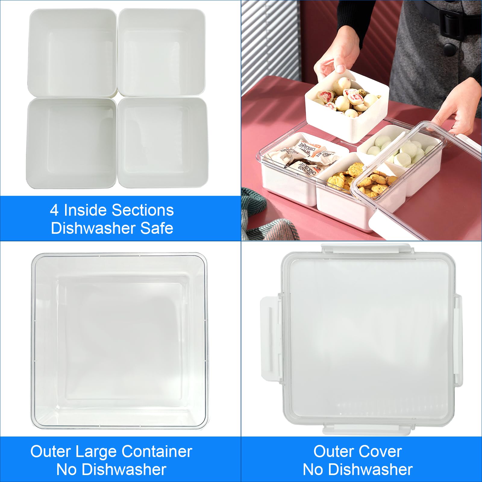 Famiredo Food Storage Organizer with Lid, Divided Serving Tray with 4 or 5 Removable Boxes, Stackable Refrigerator Organizer Bins Produce Saver for Meal Prep(Square)