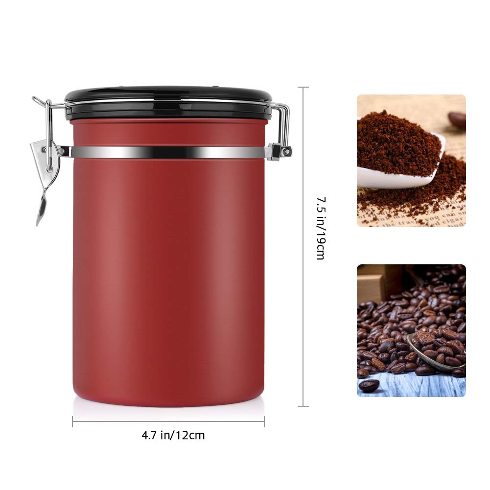 Coffee Canister Red, Stainless Steel Airtight Coffee Container, Ground Coffee Bean Storage with Date Tracker, Vacuum Sealed Espresso Airtight Container, Coffee Jar, Sugar Container