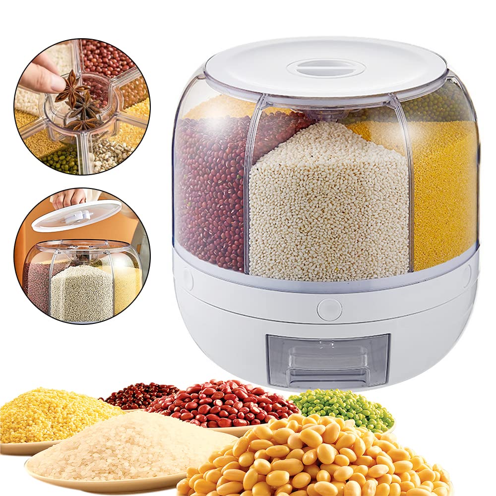 Xuthusman 6 in 1 360°Rotating Dry Food Box Grain Rice Container Cereal Dispenser Storage Box 10KG for Kitchen(22LBS Rice Storage Dispenser)