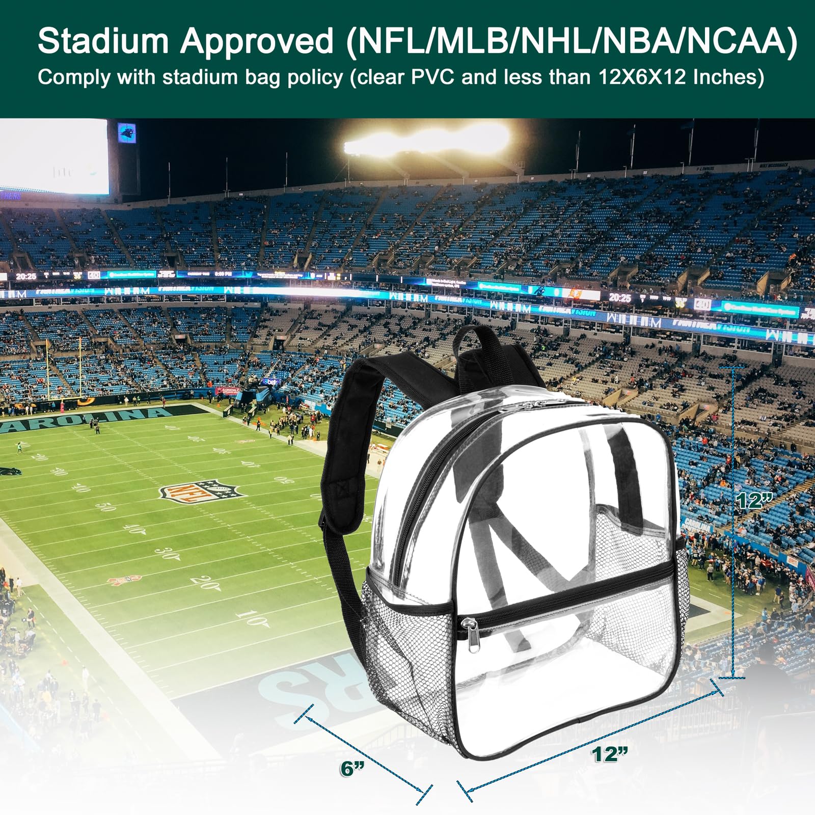 Keepcross Stadium Approved Clear Backpack 12x12x6 for Festival Games Sporting Events Concerts,Small Clear Mini Backpack with Reinforced Straps for Women Girls Men,Black