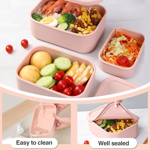 AROCFTIE Silicone Bento Box, Set of 3 Silicone Food Storage Containers with Lids, Hard-Shell Nesting Silicone Containers, Airtight, Dishwasher and Freezer Safe (10oz, 23.6oz, 44oz) (Pink)