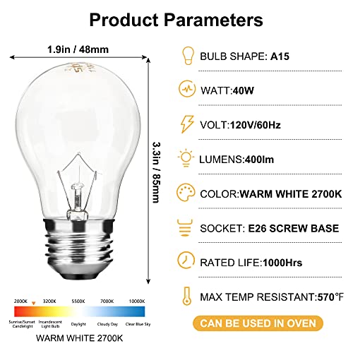 Appliance Oven Light Bulb A15 40W for Refrigerator Over Stove Range Hood Microwave Lava Lamp Replacement Bulb High Temperature Resistant E26 Medium Base 120V Warm White Pack of 4…