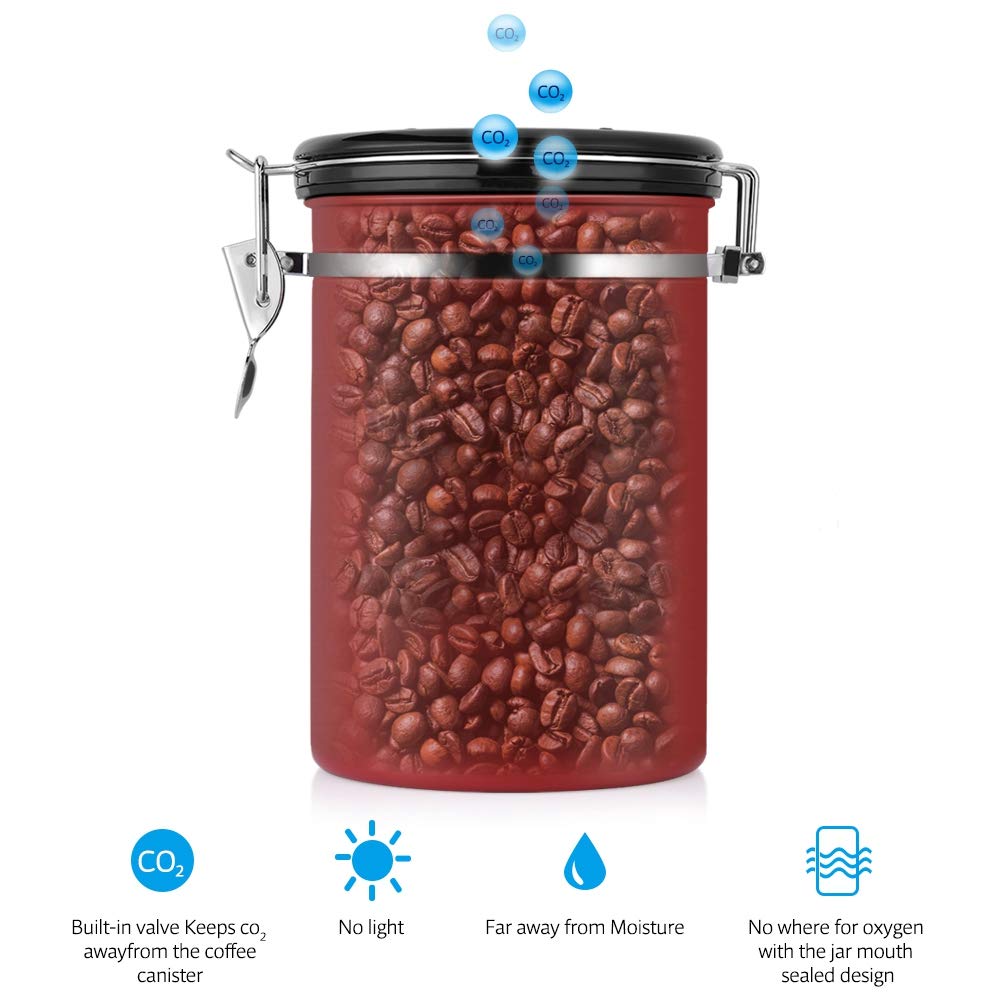 Coffee Canister Red, Stainless Steel Airtight Coffee Container, Ground Coffee Bean Storage with Date Tracker, Vacuum Sealed Espresso Airtight Container, Coffee Jar, Sugar Container