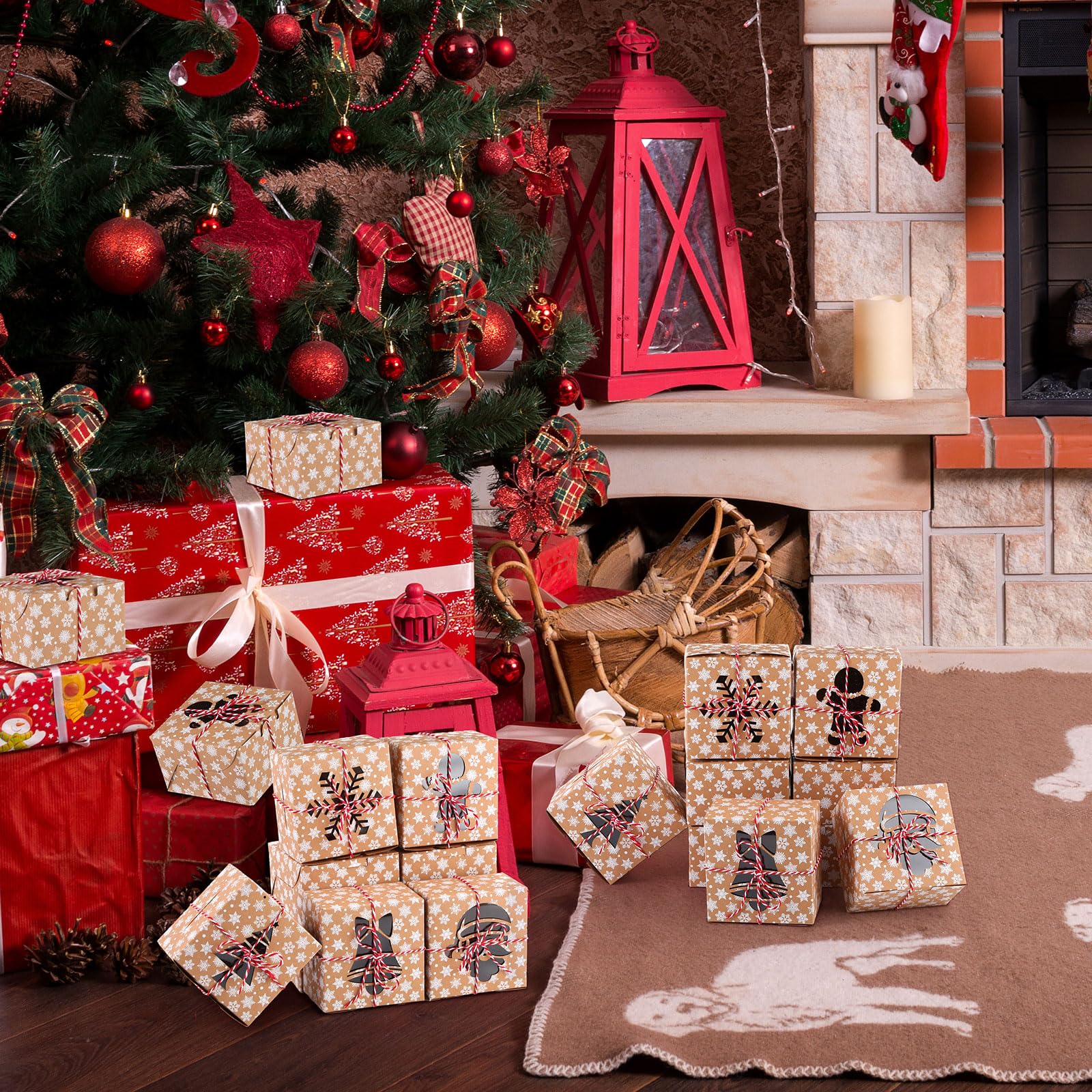 Tenare 30 Pieces Christmas Cookie Boxes with Clear Window Cupcake Boxes Bakery Boxes Pastry Packaging Boxes Brown Kraft Present Box with Rope for Food Present Giving, 4 x 4 x 2.5 Inches (Delicate)