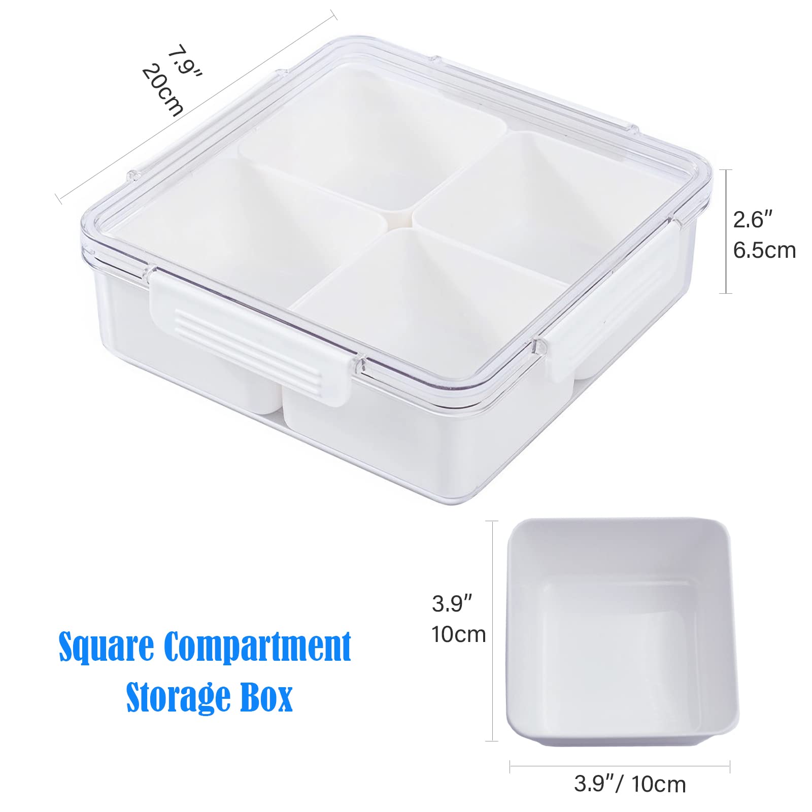 Famiredo Food Storage Organizer with Lid, Divided Serving Tray with 4 or 5 Removable Boxes, Stackable Refrigerator Organizer Bins Produce Saver for Meal Prep(Square)
