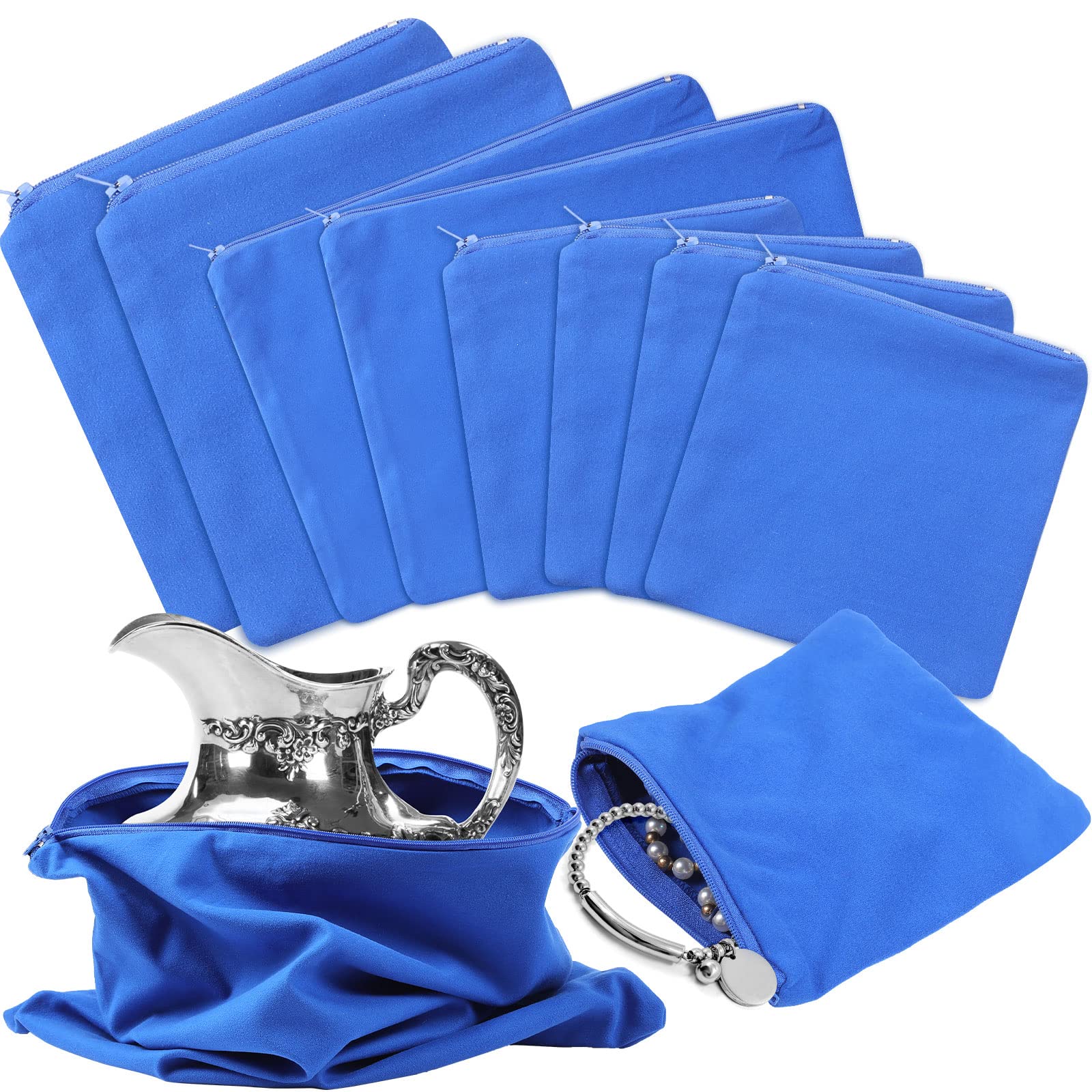 Fumete 8 Pcs Silver Storage Bags Anti Tarnish Zippered Jewelry Keeper 6x6 9x12 15x15 in Silver Pouches for Silverware Silver Jewelry (Black)