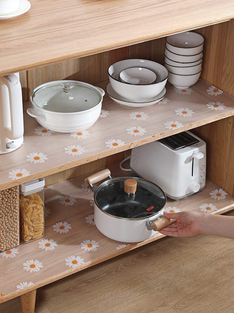 Jacriah Daisy Shelf Liner for Kitchen Cabinets Non-Adhesive Drawer Liner Non-Slip Refrigerator Liner Waterproof Fridge Pad Cupboard Mat Easy Placemats, Ideal for Wire Pantry Bathroom, 11.8"X59"