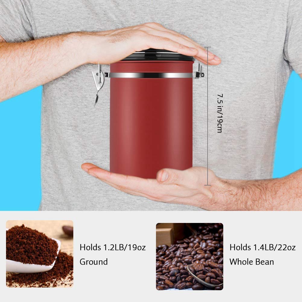 Coffee Canister Red, Stainless Steel Airtight Coffee Container, Ground Coffee Bean Storage with Date Tracker, Vacuum Sealed Espresso Airtight Container, Coffee Jar, Sugar Container