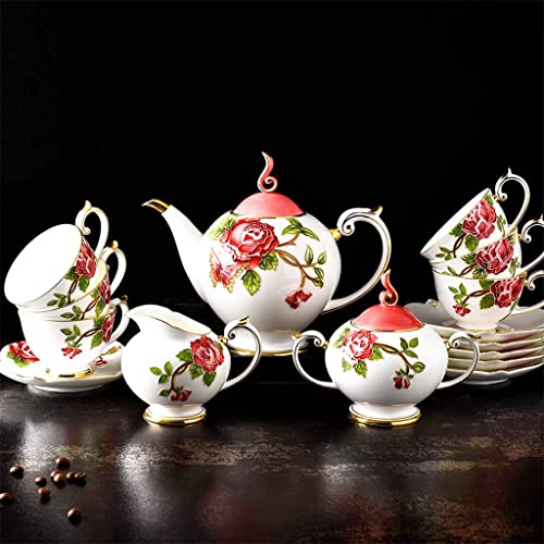 DNATS 15pc Set, Flower Embossed Porcelain Coffee Pot Cup Set, Dish Crown Design Dish, Palace Cup Set, Vintage Tea Party