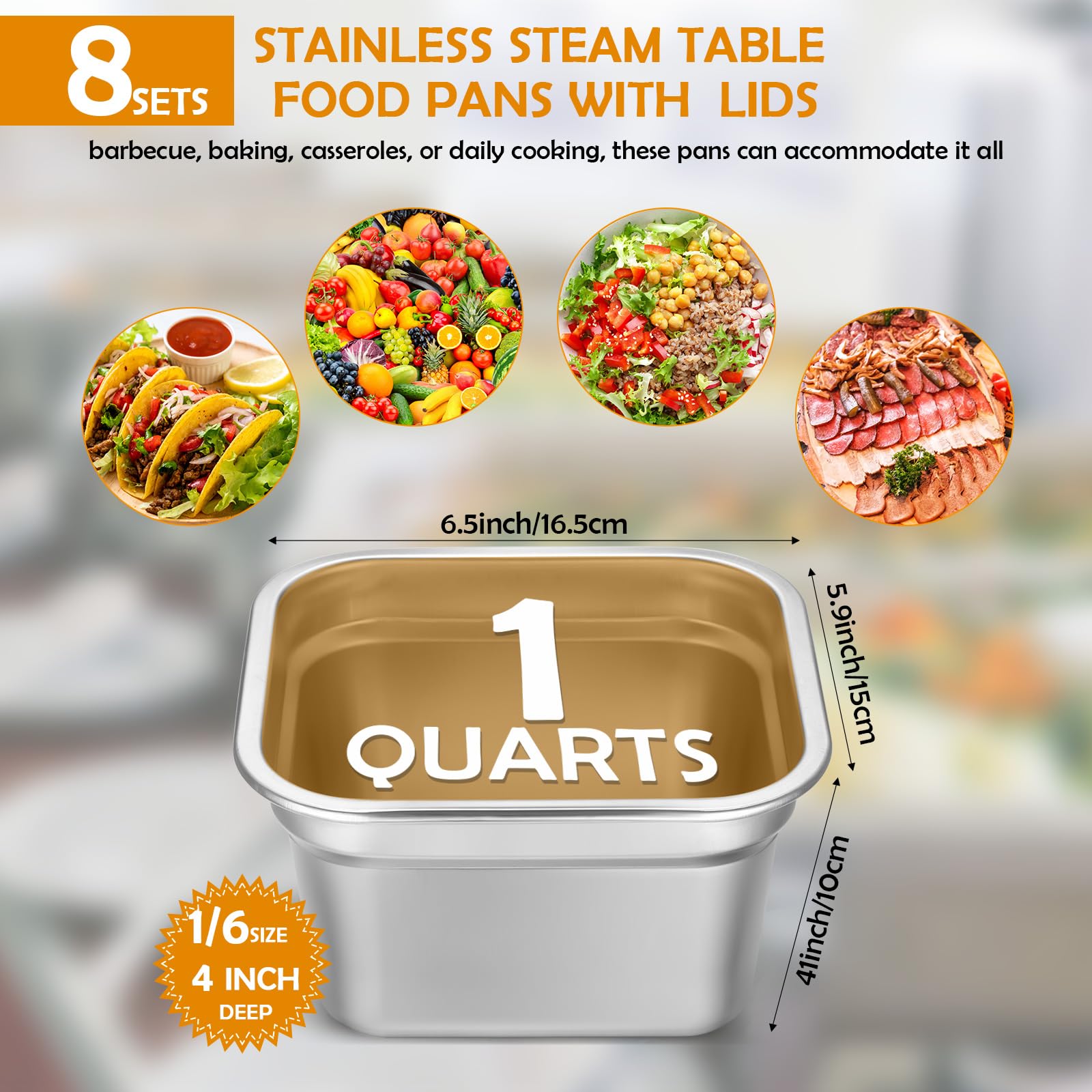 Suttmin 8 Pcs Hotel Pan 1/6 Size Steam Table Pan with PP Plastic Lid Stainless Steel Food Containers with Lids Restaurant Pans Food Prep Pan Anti Clogging Steamer for Buffet Party (4" Deep)