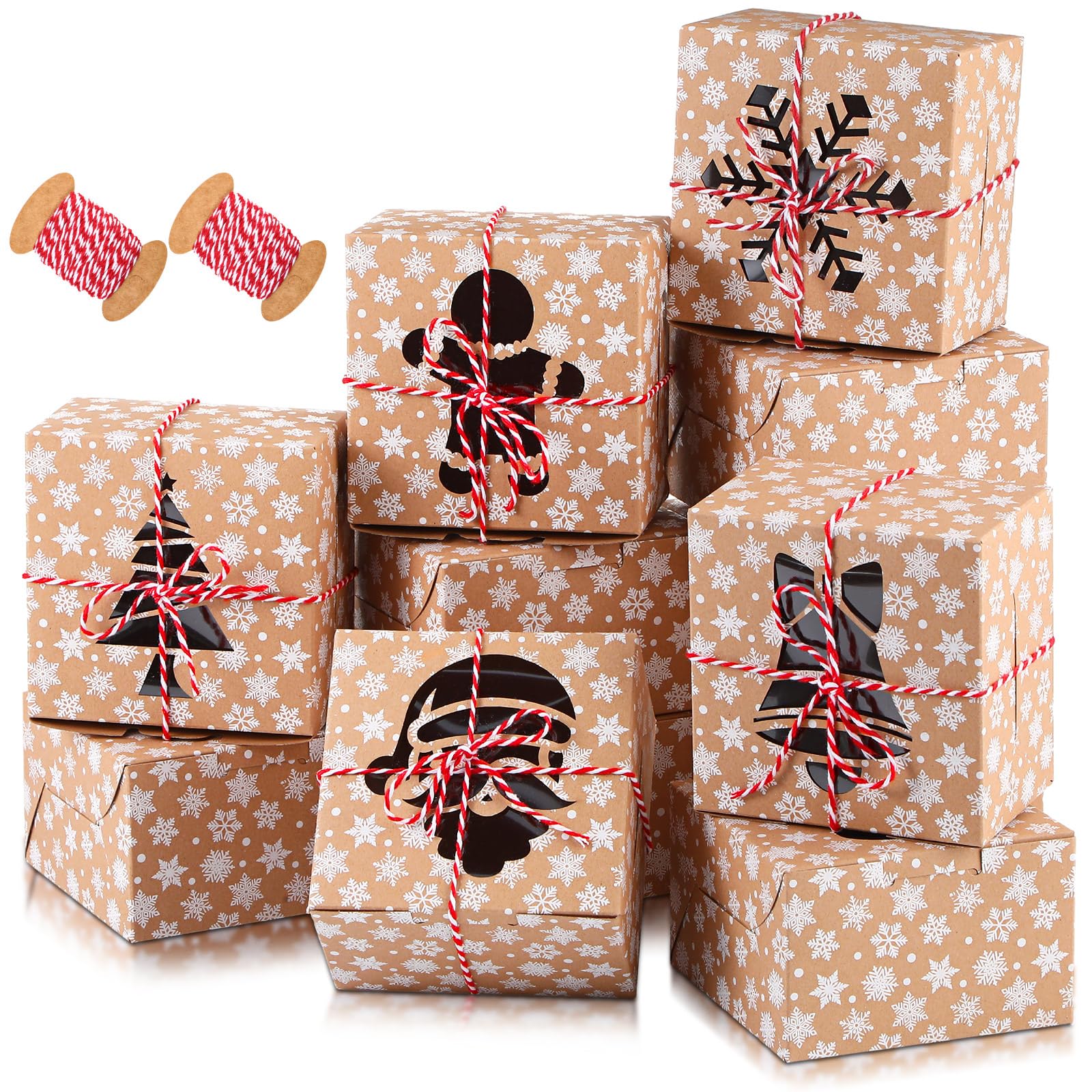 Tenare 30 Pieces Christmas Cookie Boxes with Clear Window Cupcake Boxes Bakery Boxes Pastry Packaging Boxes Brown Kraft Present Box with Rope for Food Present Giving, 4 x 4 x 2.5 Inches (Delicate)