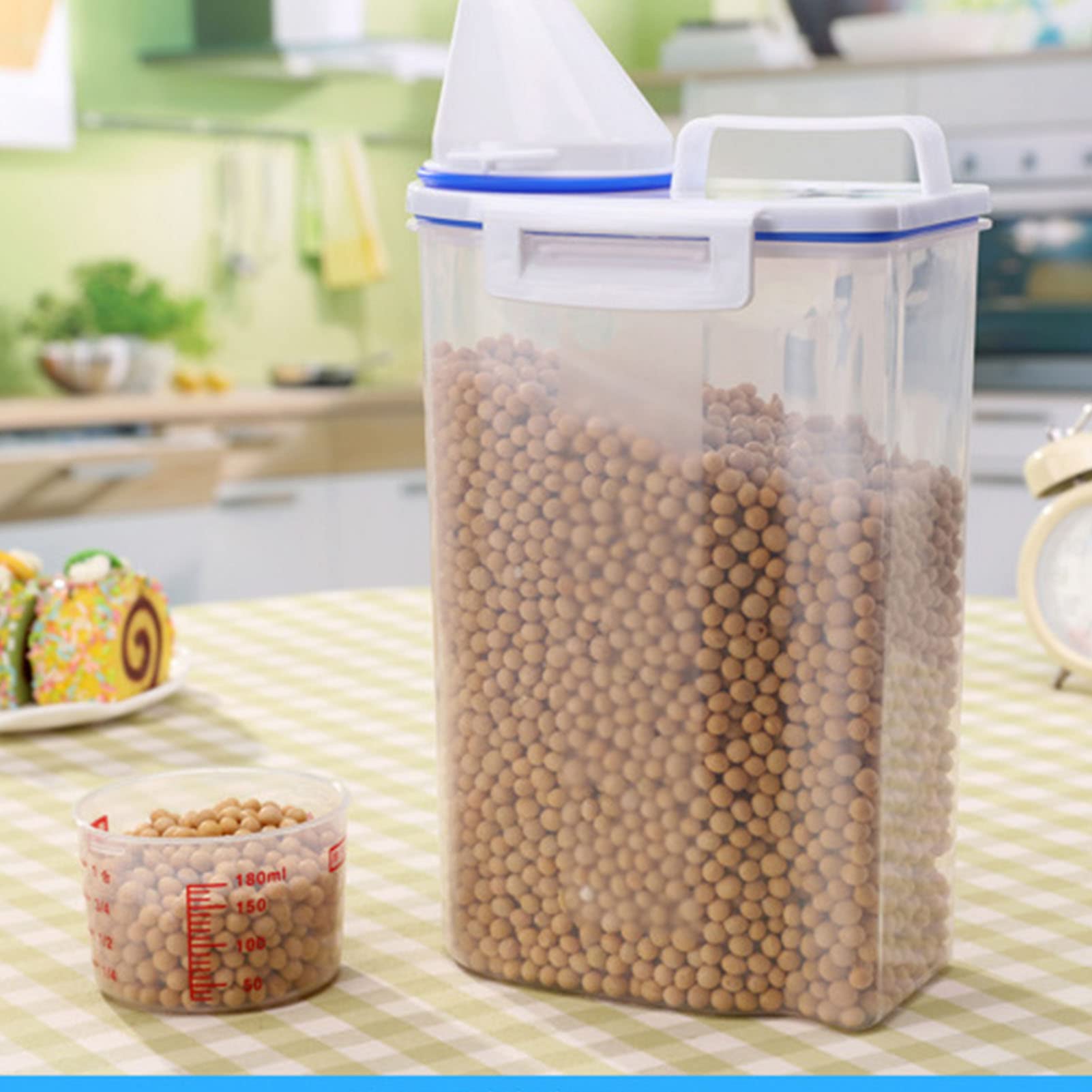 Rice Storage Container 2kg Dry Food Airtight Cereal Container with Measuring Cup Lid, BPA-Free Plastic Transparent Bulk Grain Dispenser Box for Oatmeal, Flour, Nuts