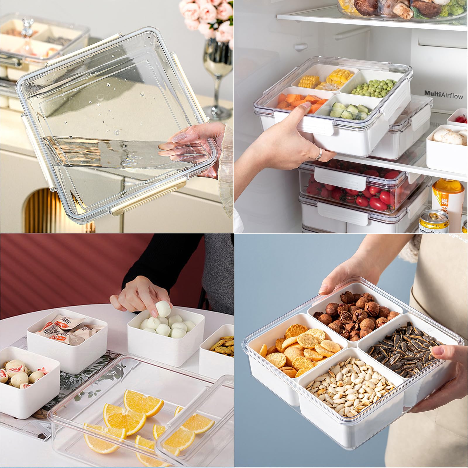 Famiredo Food Storage Organizer with Lid, Divided Serving Tray with 4 or 5 Removable Boxes, Stackable Refrigerator Organizer Bins Produce Saver for Meal Prep(Square)