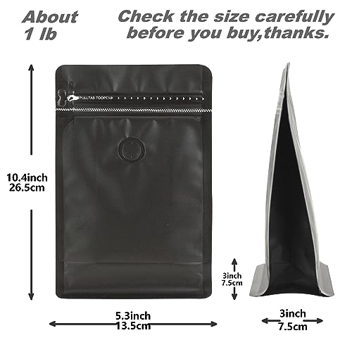 BAAGGNAA 60 Pack High Barrier Stand-Up Coffee Bean Bags with Vented Valve, Matte Metallic Ziplock, Heat-Sealable and Resealable Solid Color Pouches for Food Storage (5.3 * 10.4 inch,1 lb,Black)
