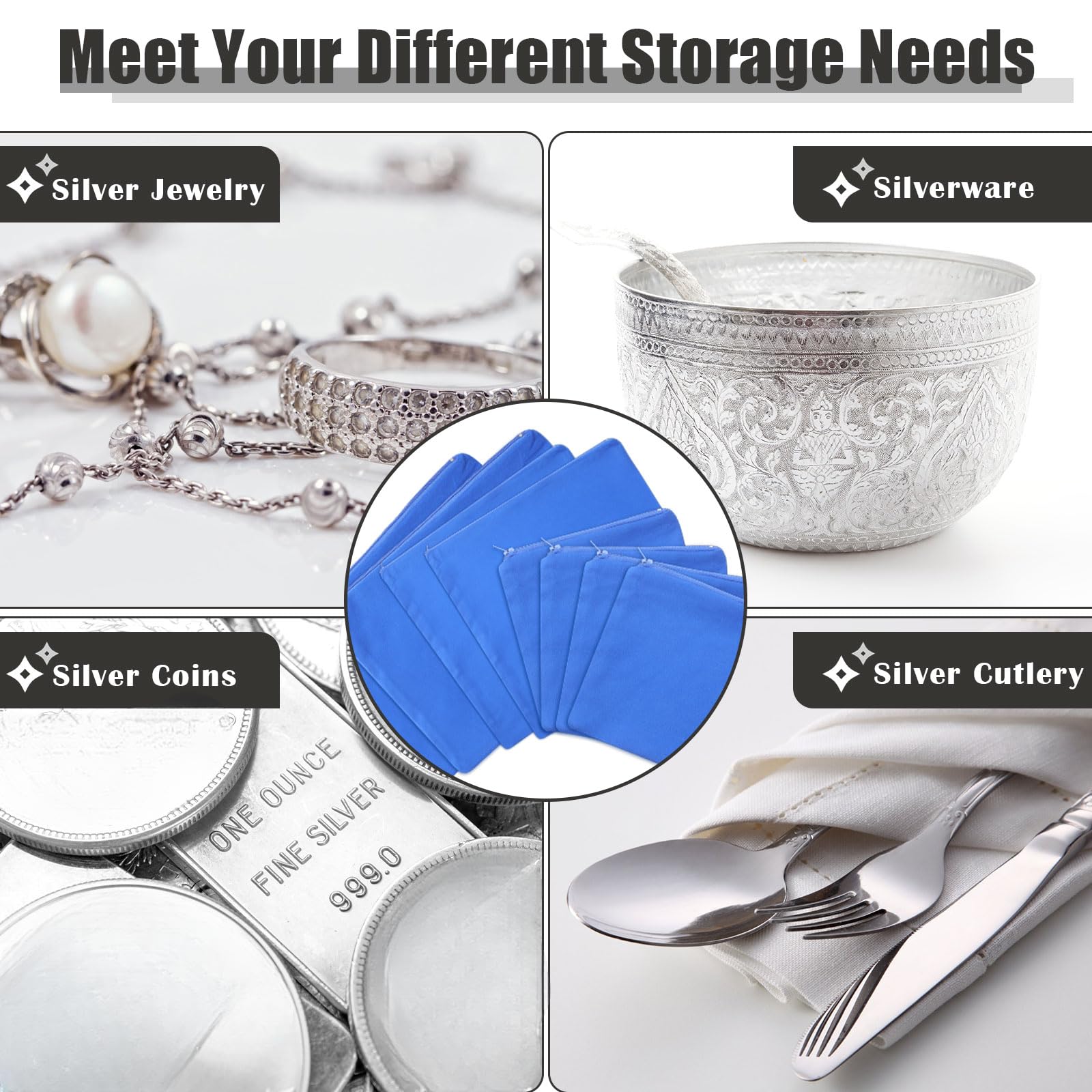 Fumete 8 Pcs Silver Storage Bags Anti Tarnish Zippered Jewelry Keeper 6x6 9x12 15x15 in Silver Pouches for Silverware Silver Jewelry (Black)