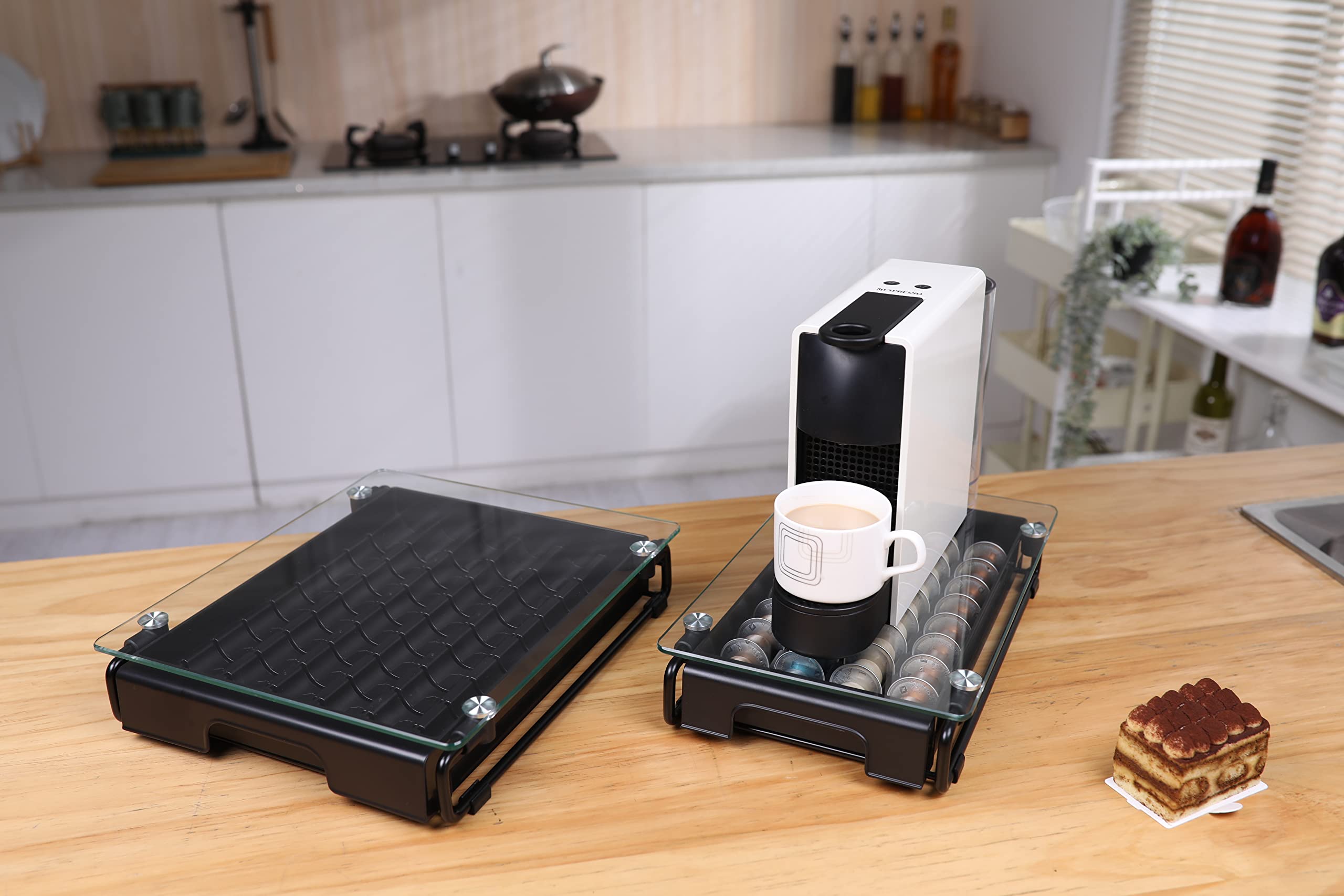 EVERIE Tempered Glass Holder Drawer Compatible with 54 Nespresso Originalline Capsules, Not Compatible with Vertuoline Pods