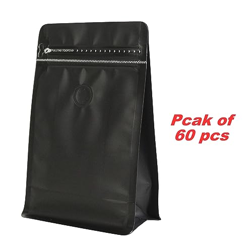 BAAGGNAA 60 Pack High Barrier Stand-Up Coffee Bean Bags with Vented Valve, Matte Metallic Ziplock, Heat-Sealable and Resealable Solid Color Pouches for Food Storage (5.3 * 10.4 inch,1 lb,Black)