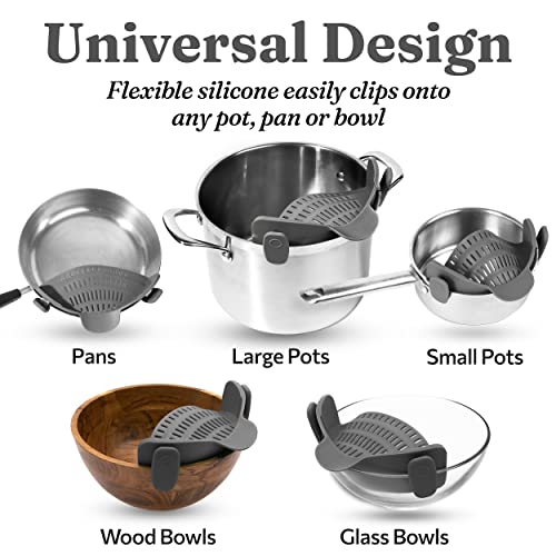 Kitchen Gizmo Snap N Strain Pot Strainer and Pasta Strainer - Adjustable Silicone Clip On Strainer for Pots, Pans, and Bowls - Kitchen Colander - Gray