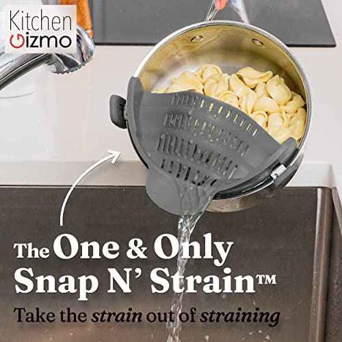 Kitchen Gizmo Snap N Strain Pot Strainer and Pasta Strainer - Adjustable Silicone Clip On Strainer for Pots, Pans, and Bowls - Kitchen Colander - Gray