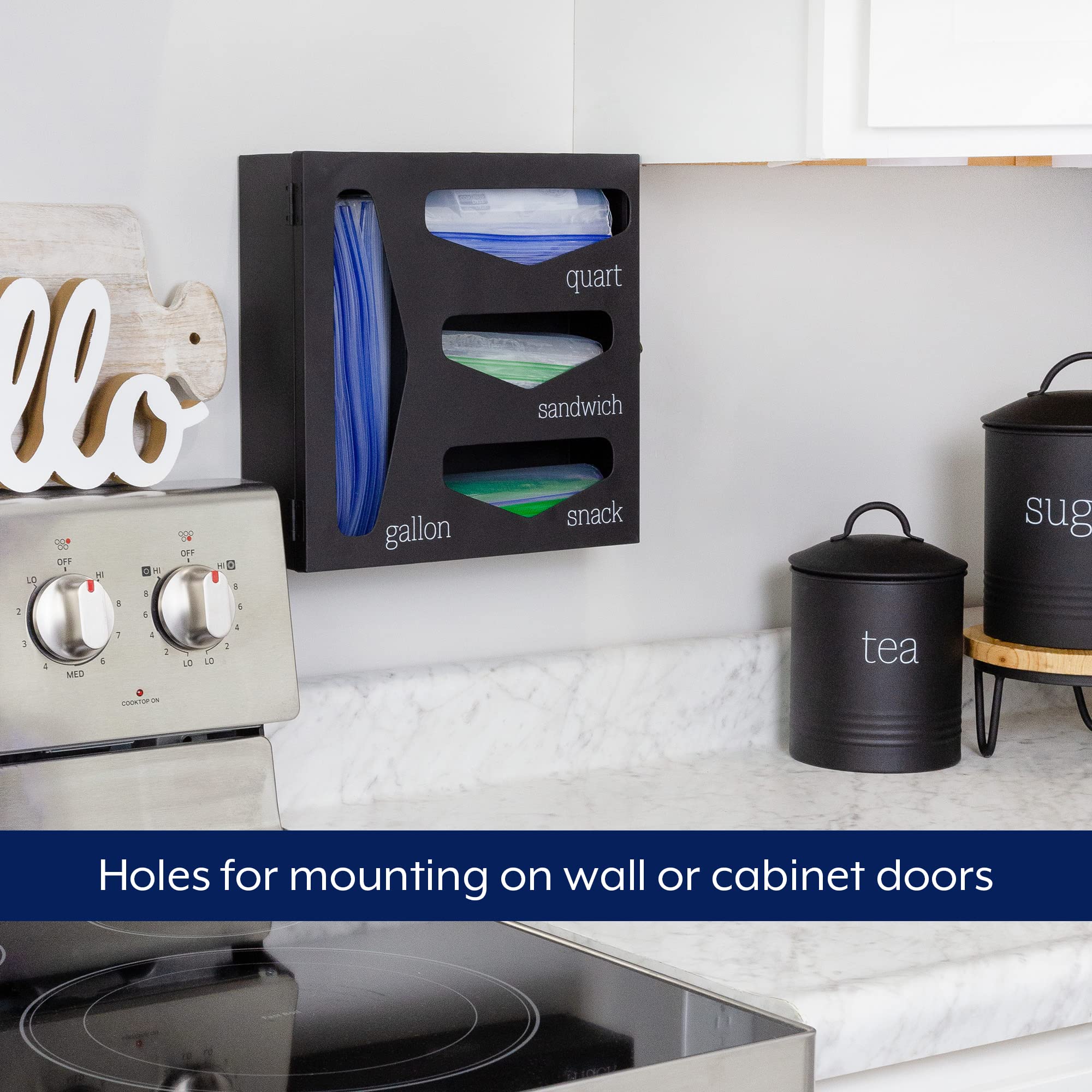 AuldHome Design Enamelware Kitchen Bag Organizer (Black), Farmhouse Style Holder Compatible w/Zipper Seal Kitchen Storage