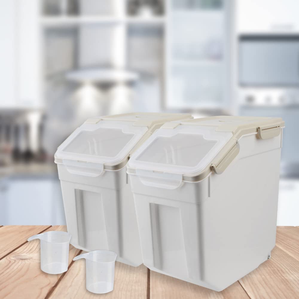2 Pack Rice Container 25 lbs, 15KG Airtight Flour Storage Containers Bin with Wheels Seal Locking Lid, BPA Free, Measuring Cup & Scoop, Grain Container for Bulk Sugar, Cereal, Beans (Grey)