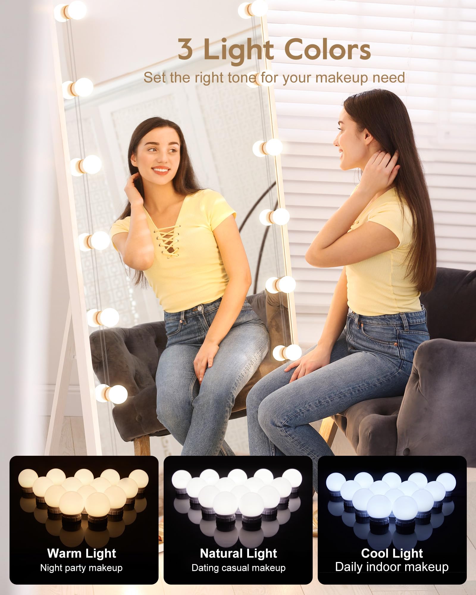 Brightown Hollywood Led Vanity Lights Strip Kit, with 14 Dimmable Light Bulbs for Full Body Length Mirror and Bathroom Wall Mirror, Plug in Mirror Lights with Power Supply, White (No Mirror Included)