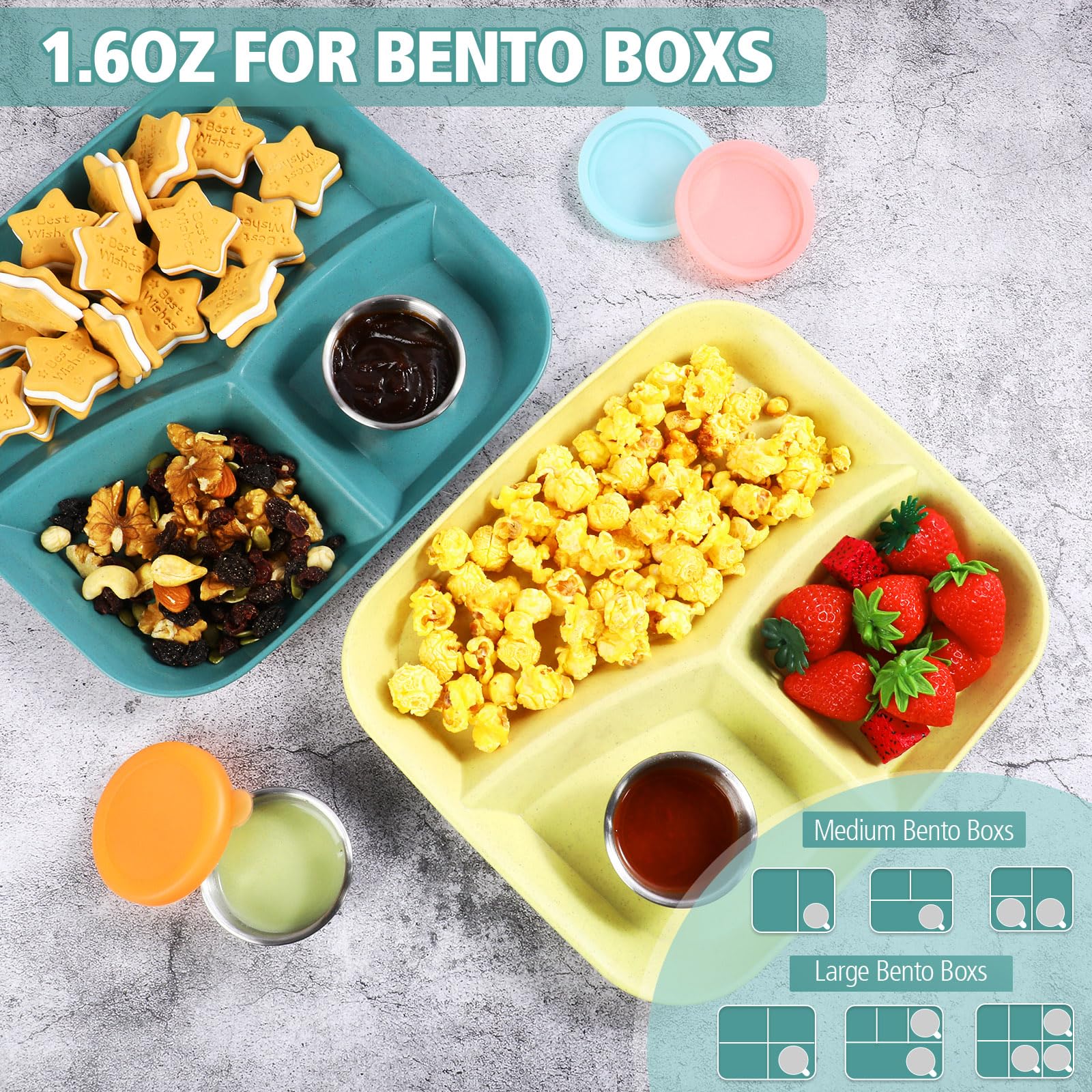 Uiifan 48 Pcs 1.6 oz Salad Dressing Container Small Condiment Containers with 8 Colorful Leakproof Lids Reusable Mini Stainless Steel Sauce Cup Storage Dip Containers for Lunch Bento Box Picnic Travel