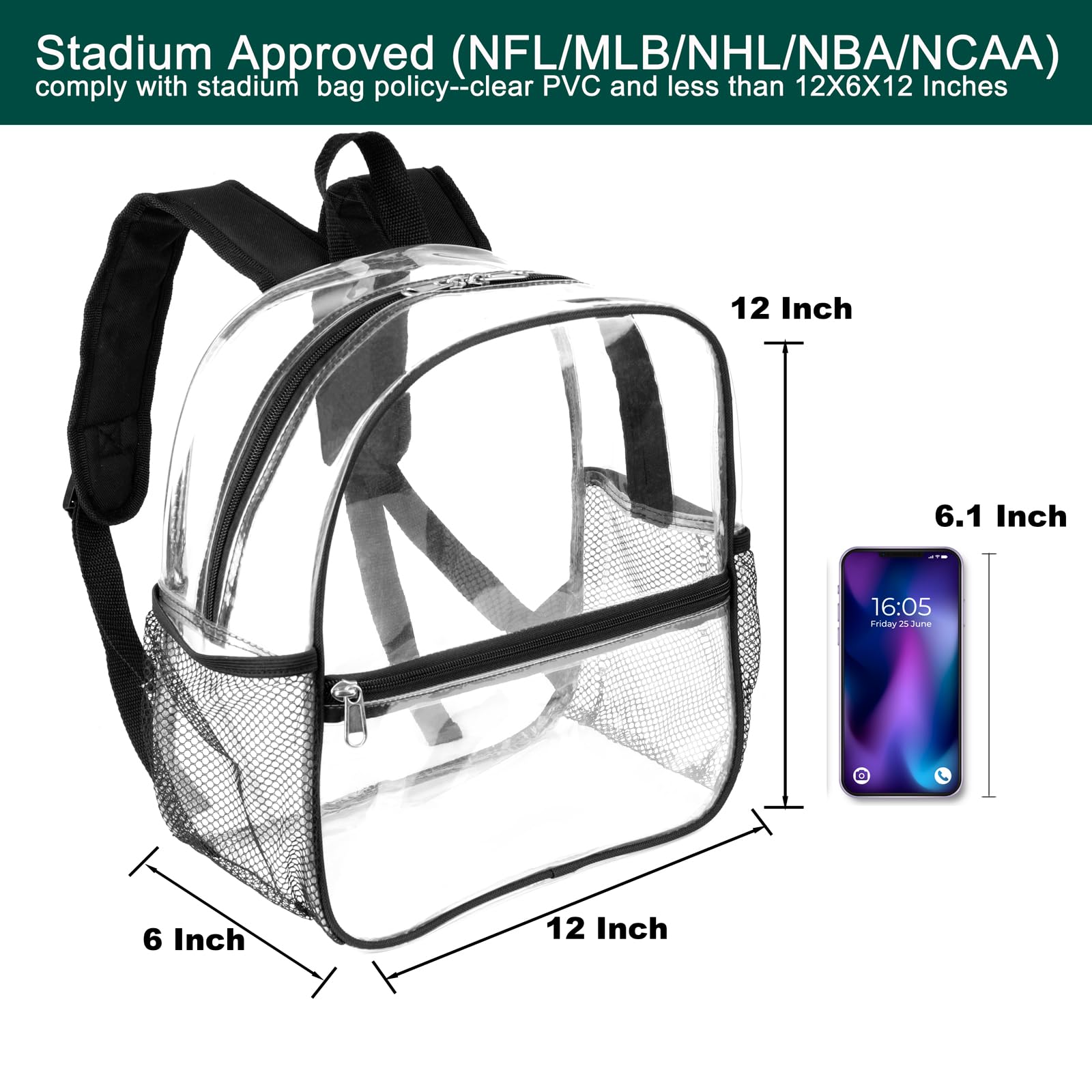 Keepcross Stadium Approved Clear Backpack 12x12x6 for Festival Games Sporting Events Concerts,Small Clear Mini Backpack with Reinforced Straps for Women Girls Men,Black