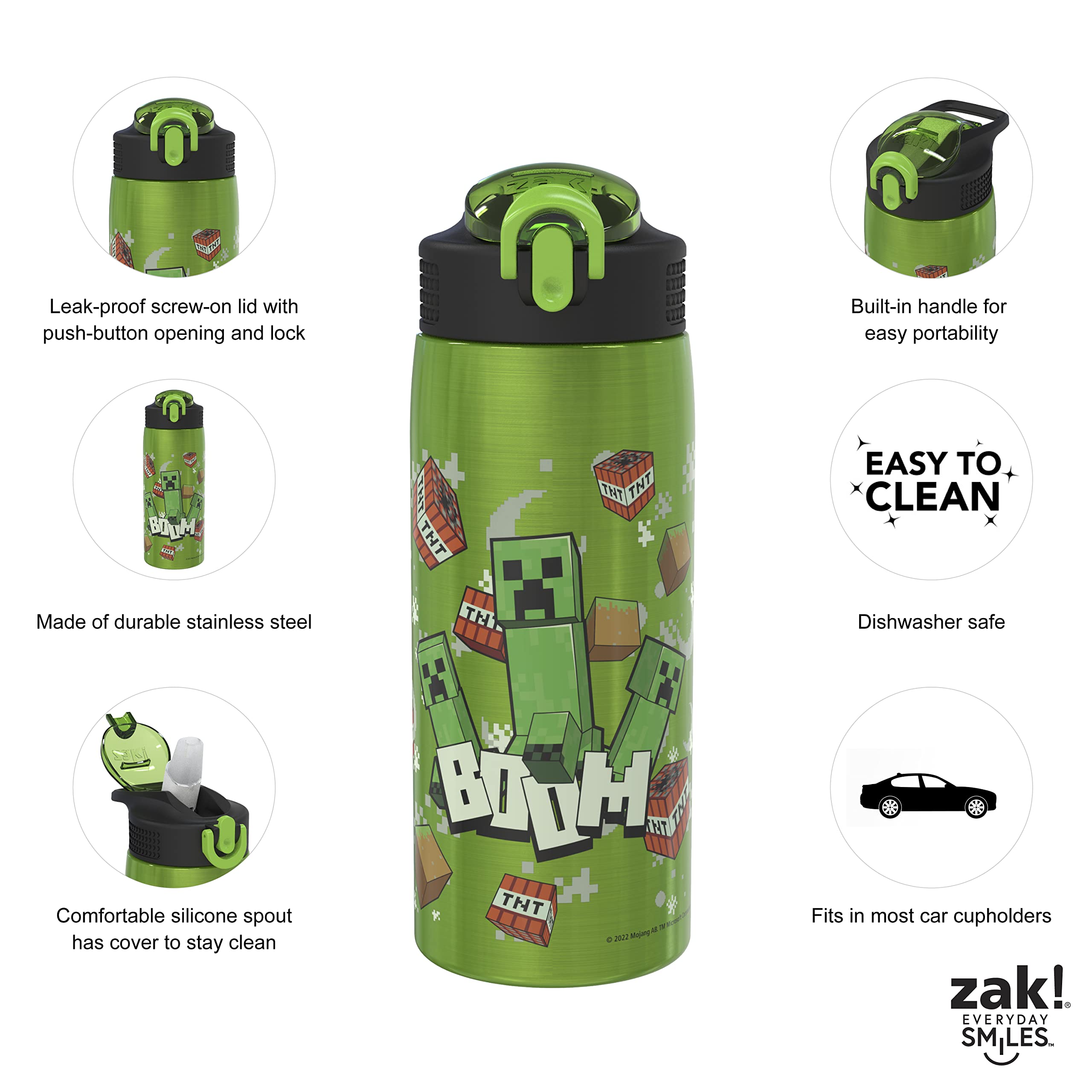 Zak Designs Minecraft Water Bottle for Travel and At Home, 19 oz Vacuum Insulated Stainless Steel with Locking Spout Cover, Built-In Carrying Loop, Leak-Proof Design (Creeper)