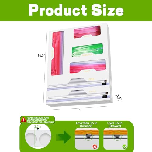 Tclouda Bag Organizer for Ziplock, Foil and Plastic Wrap Organizer, 6 in 1, Bamboo Dispenser with Cutter for Kitchen Drawer and Wall Mounted, Storage for Gallon, Quart, Sandwich, Snack, White