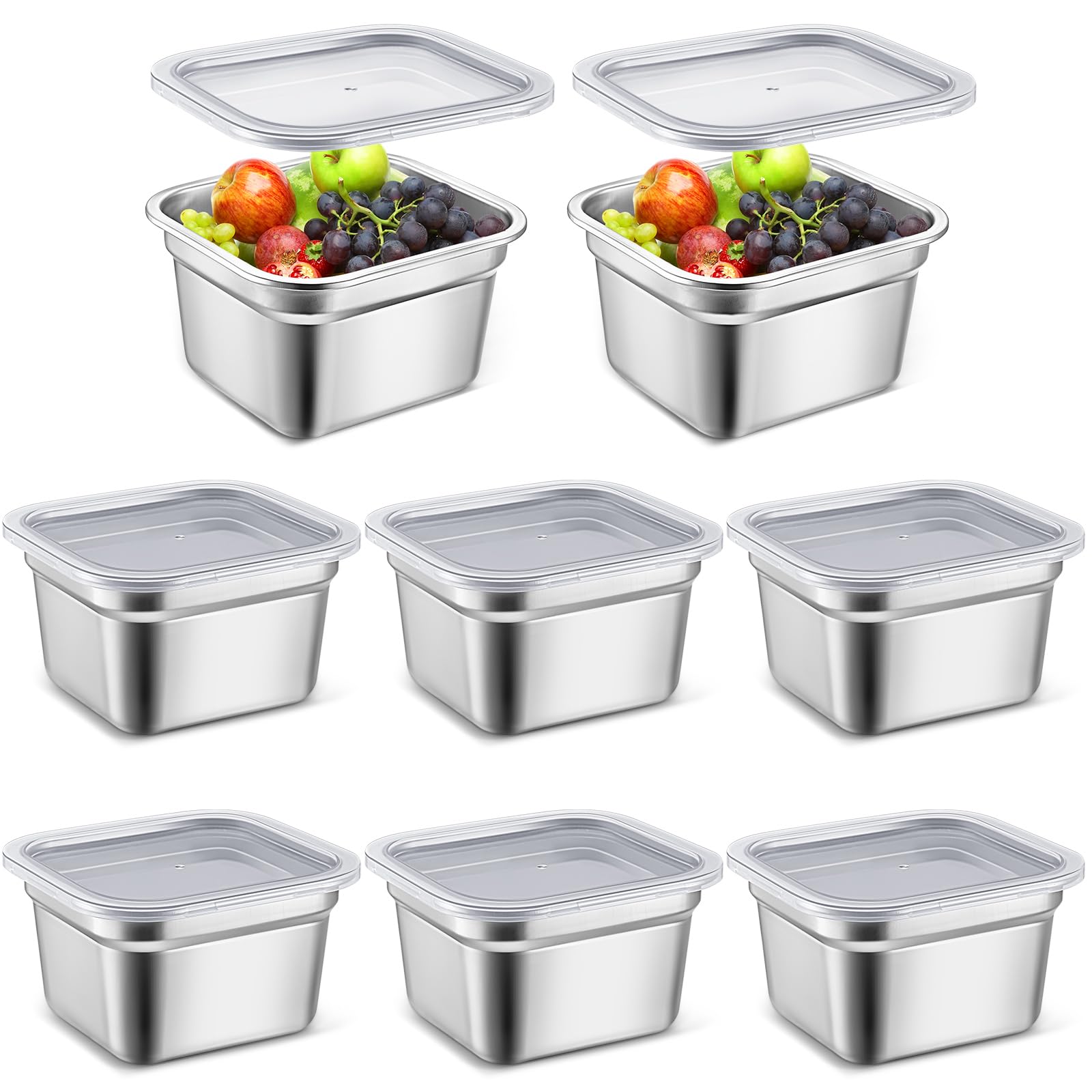 Suttmin 8 Pcs Hotel Pan 1/6 Size Steam Table Pan with PP Plastic Lid Stainless Steel Food Containers with Lids Restaurant Pans Food Prep Pan Anti Clogging Steamer for Buffet Party (4" Deep)