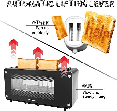 Toaster 2 Slice, CUSIMAX Toaster Long Slot with Glass Window Bagel Toasters, Artisan Bread Toaster Stainless Steel Wide Slot with Automatic Lifting, Slide-out Glass Panel and Removable Crumb Tray, Black Toaster