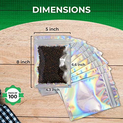 Resealable Mylar Bags for Food Storage (5x8 Inch-100 Pack _ Holographic)