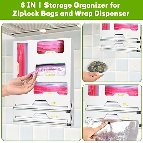 Tclouda Bag Organizer for Ziplock, Foil and Plastic Wrap Organizer, 6 in 1, Bamboo Dispenser with Cutter for Kitchen Drawer and Wall Mounted, Storage for Gallon, Quart, Sandwich, Snack, White
