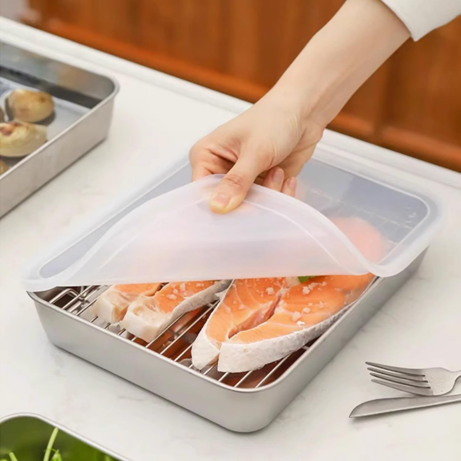 ATRDTO Set of 3,Stainless Steel Rectangle Food Storage Box Container- Leak Plastic Lid Dishwasher Safe - Plastic Free -Clear Lid (3)