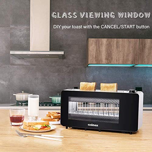 Toaster 2 Slice, CUSIMAX Toaster Long Slot with Glass Window Bagel Toasters, Artisan Bread Toaster Stainless Steel Wide Slot with Automatic Lifting, Slide-out Glass Panel and Removable Crumb Tray, Black Toaster