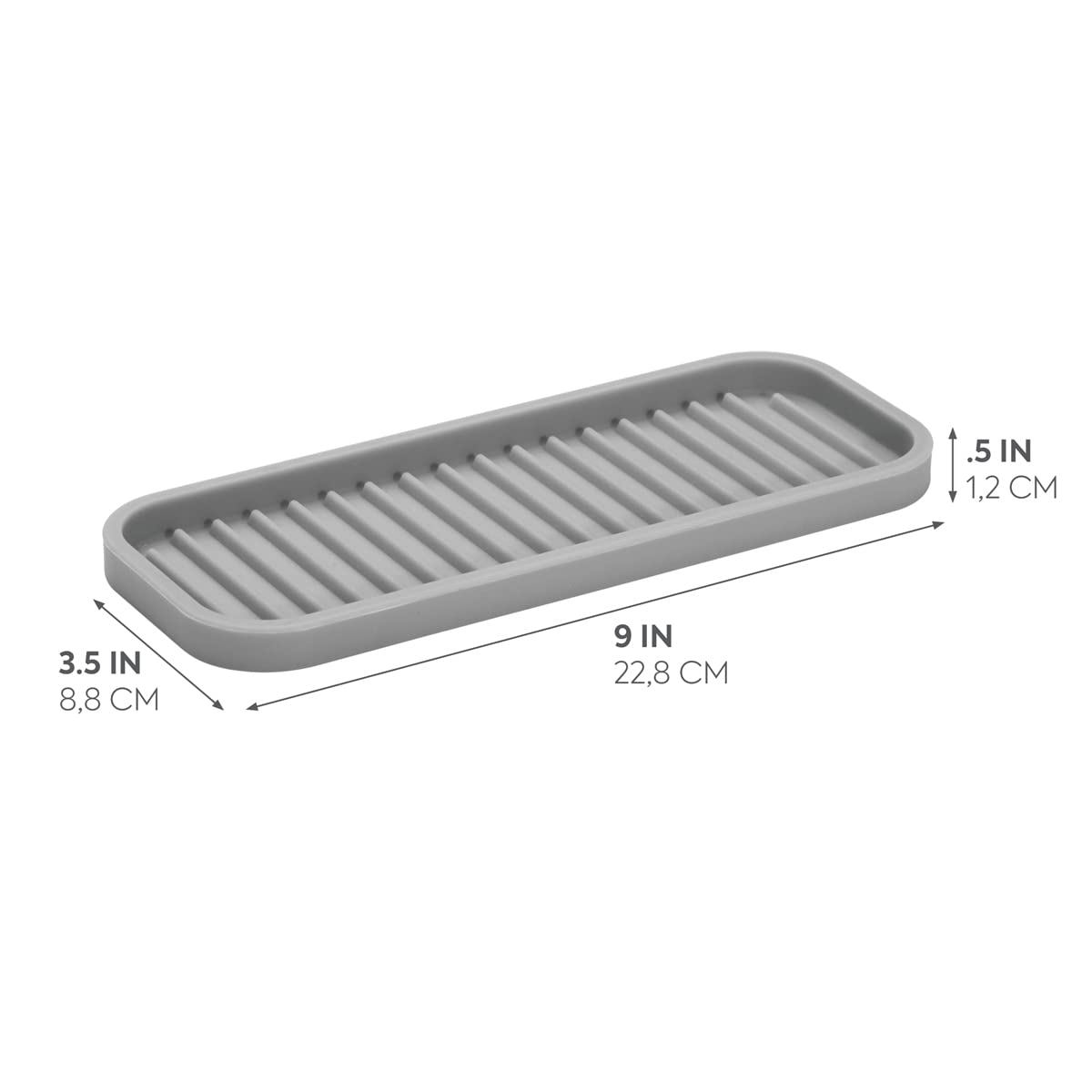 iDesign 63883 Lineo Silicone Kitchen Sink Tray for Sponges, Scrubbers, Soap, Stovetop Spoon Holder, 9" x 3.5" x 0.5", Gray