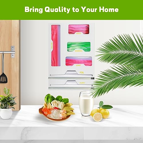 Tclouda Bag Organizer for Ziplock, Foil and Plastic Wrap Organizer, 6 in 1, Bamboo Dispenser with Cutter for Kitchen Drawer and Wall Mounted, Storage for Gallon, Quart, Sandwich, Snack, White